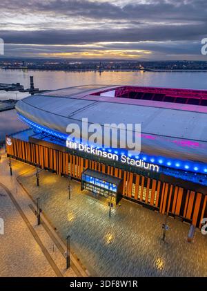 Aerial view of Hill Dickinson Stadium. The stadium is lit up for the ...