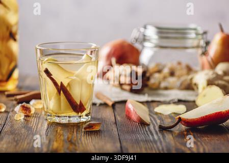 Glass of Water Infused with Sliced Pear, Cinnamon Stick, Ginger Root ...
