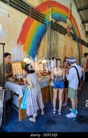 Penang, Malaysia - January 9, 2026: Hin Bus Depot weekend market, an ...