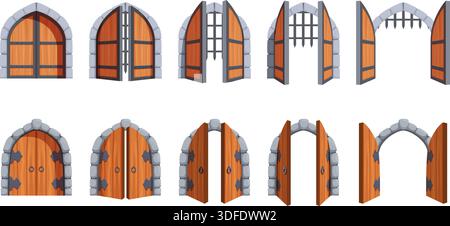 Cartoon medieval castle gates opening animation for game. Palace door ...