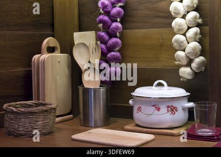 pot holders hanging over the kitchen table Stock Photo - Alamy