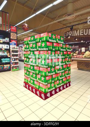 Large display stack of 6-packs of Dutch Heineken pale lager beer in ...