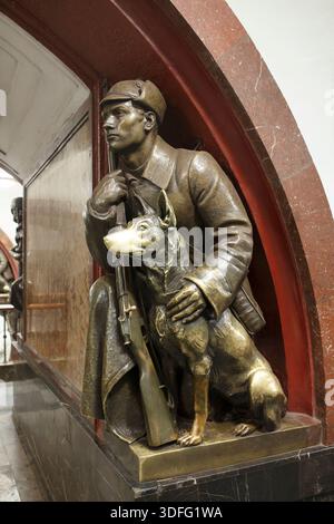 Statue of soldier with dog, Ploshchad Revolyutsii, 1938, Moscow metro ...