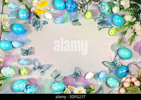 Easter cake and marble blue painted eggs, white flowers, festive ...