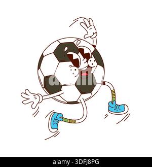 Happy football ball groovy character. Soccer retro mascot. Cartoon ...
