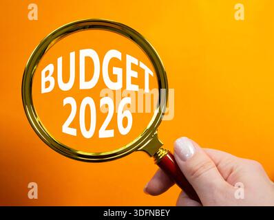 Budget 2026 symbol. Magnifying Glass with words Budget 2026. Beautiful ...
