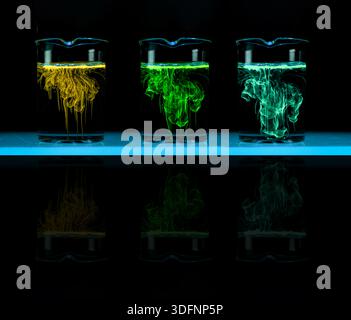 Dissolution and spread of a coloured chemicals in flask with a clear ...