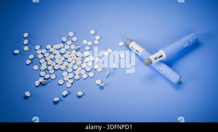 Weight loss pills available: A heap of GLP-1 pills on a blue background ...
