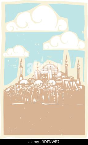 Woodcut style image of the Greek Orthodox church turned Mosque in ...