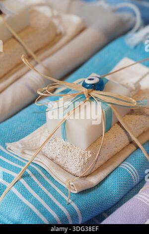 Natural handmade soap, on beige background Stock Photo - Alamy
