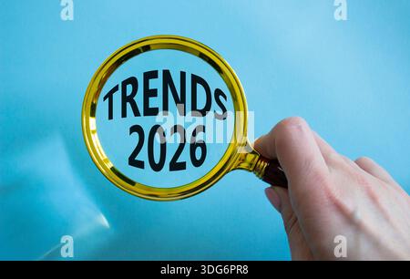 Trends 2026 symbol. Magnifying Glass with words Trends 2026 ...