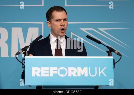 Robert Jenrick speaks during a Reform UK rally at Newark Showground in ...
