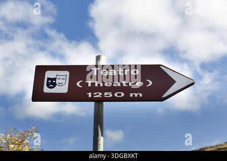 Greece, road sign and ruin of an old windmill Stock Photo - Alamy