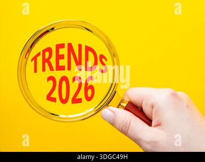 Trends 2026 symbol. Magnifying Glass with words Trends 2026. Beautiful ...