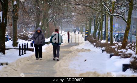 Warsaw, Poland. 15 January 2026. Tramway tracks in the snow on a Prosta ...