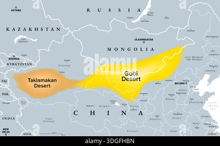 Gobi and Taklamakan Desert, political map. Gobi Desert in southern ...