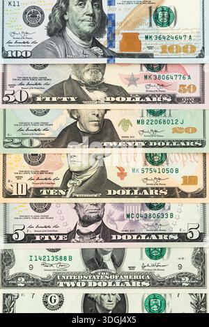 Different US dollar denominations of cash are placed on flat surface ...