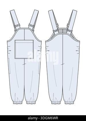 Kids denim overalls front and back view flat sketch vector mockup ...