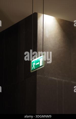Green exit sign hangs in a building surrounded by plants Stock Photo ...