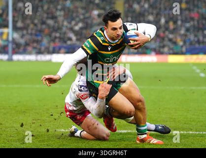 Northampton Saints' Edoardo Todaro scores a try during the Gallagher ...