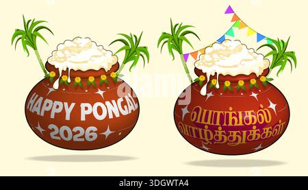 Happy Pongal 2026 Clay Pot Vector Set with Tamil and English Text ...