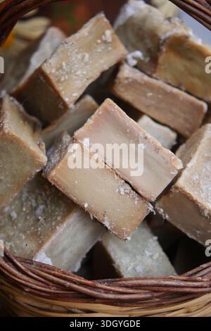 Handmade soap blocks in a woven basket at local market Stock Photo - Alamy