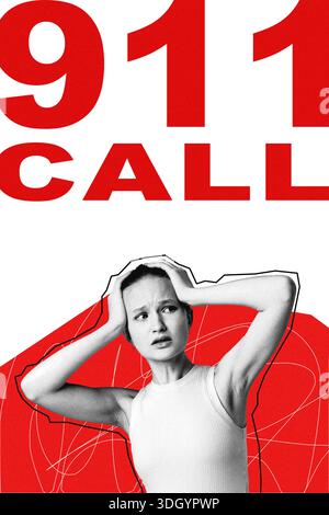911 call features woman in distress with red graphic background and ...