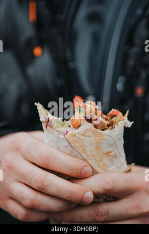 Man eating delicious shawarma on turquoise background, space for text ...