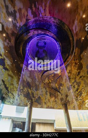 Artificial, brightly lit waterfall, Magic Waterfall, falls from the ...