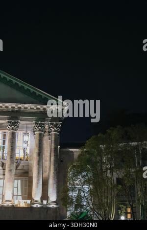 A portico with columns and a triangular pediment on the Greek-style ...