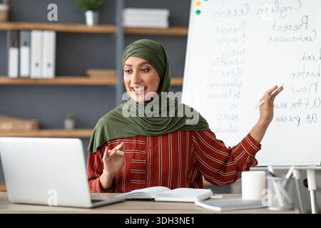 Muslim English teacher pointing on board, explaining lesson to students ...