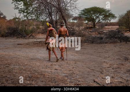 San people walking away across the Kalahari Desert, Botswana Stock ...