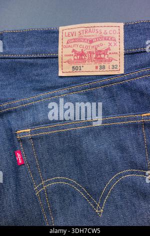 Seams on LEVI'S jeans close-up. Stitching on denim on the inside ...