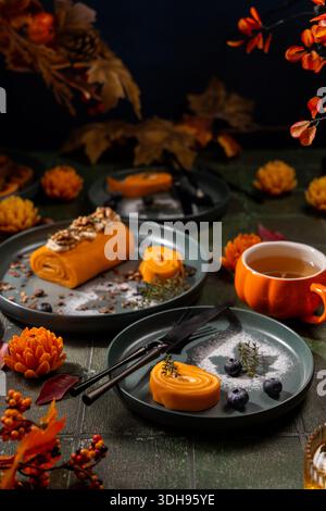 Autumn Table Setting with Pumpkin Shaped Buns with Cinnamon, Mug ...
