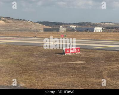 Airport runway category sign near taxiway. Flight navigation, landing ...