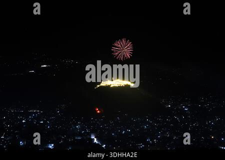 TAIZ, Yemen – 26 September 2025: An aerial view shows fireworks ...