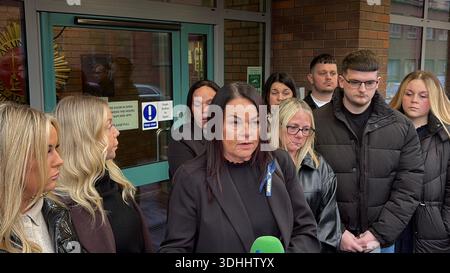Angela Hector, the niece of Roger Leadbeater, speaks to the media ...
