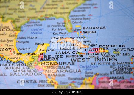 Close up to a Cuba political map with country frontiers and most ...