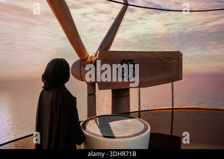 Illustration of wind turbines, seen during the Abu Dhabi Sustainability ...