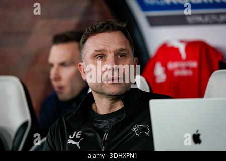 John Eustace manager of Derby County reacts after a missed chance on ...