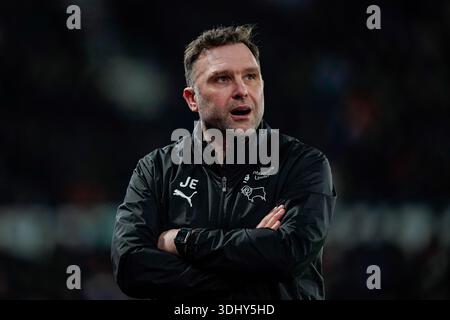 John Eustace manager of Derby County speaks in the manager post-match ...