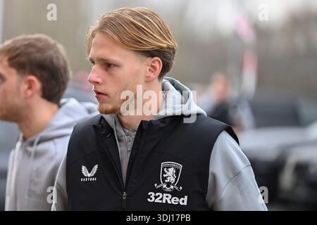 Finley Munroe of Middlesbrough arrives for the Sky Bet Championship ...