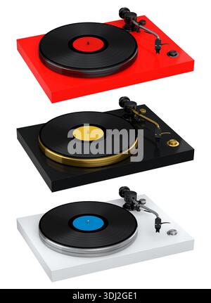 Set of colorful vinyl record players with black tonearms and vinyl ...