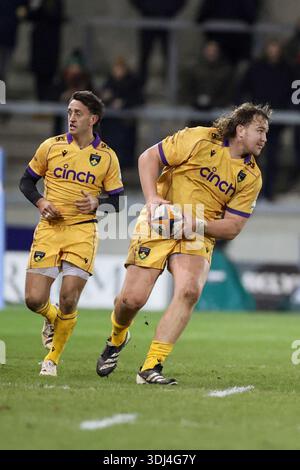 Northampton Saints' JJ van der Mescht runs with the ball during the ...