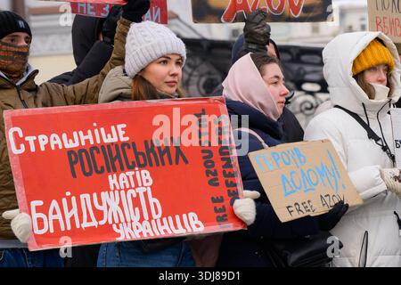 Kyiv, Ukraine - 25th January,2026: Demonstrators holding signs ...