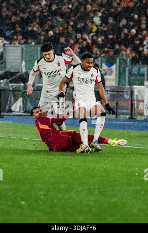 Davide Bartesaghi of AC Milan and Zeki Celik of AS Roma during AS Roma ...
