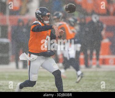 Denver Broncos quarterback Jarrett Stidham (8) warms up during an NFL ...
