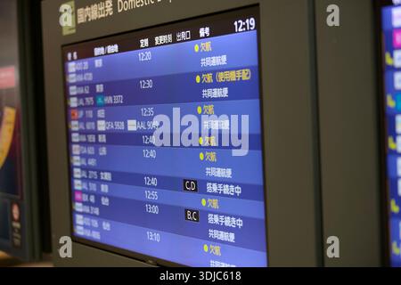 A flight status screen shows canceled flights at New Chitose Airport in ...