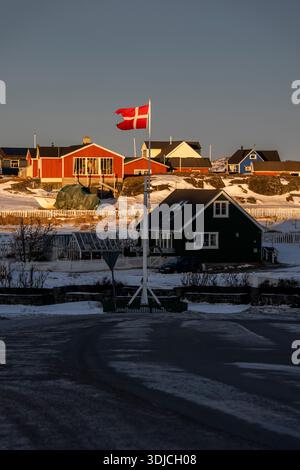 Nuuk, Greenland 20260125. The Dannebrog Danish flag flies in Nuuk ...