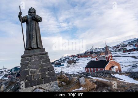 Nuuk, Greenland 20260125. Nuuk Cathedral and the statue of Hans Egede ...
